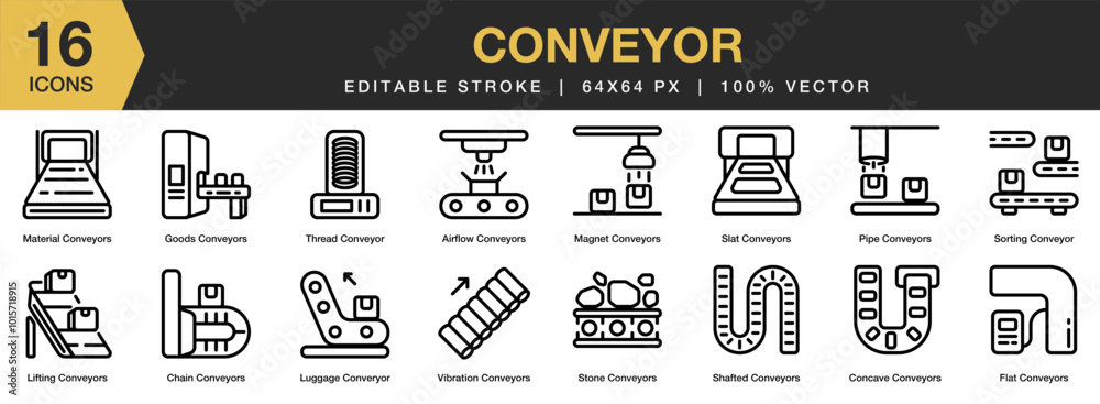 Conveyor icon set. Editable Stroke Icon Collection. Includes lifting ...