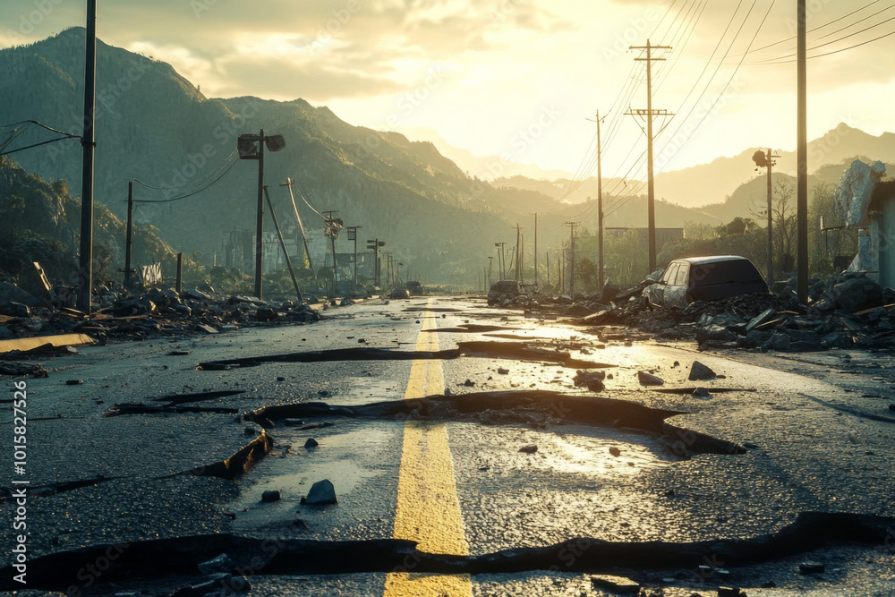 Earthquake road damage. Highway damage during an earthquake. Freeway ...