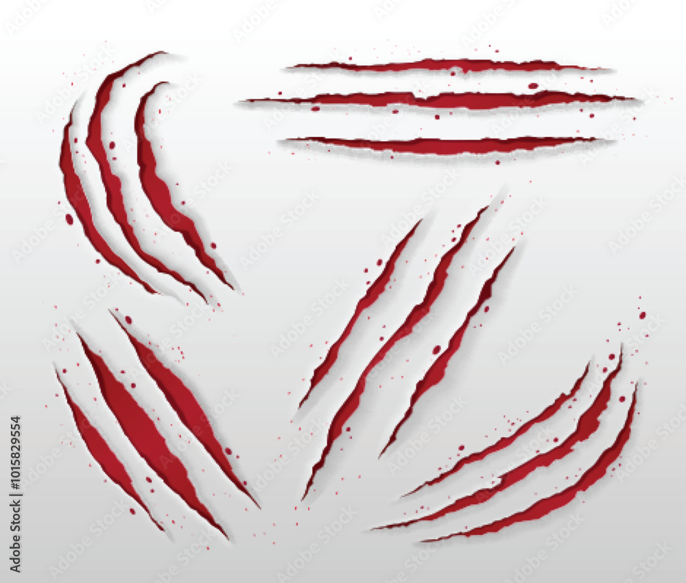 Animal claw scratch mark with red surface and splashes. Realistic 3d ...