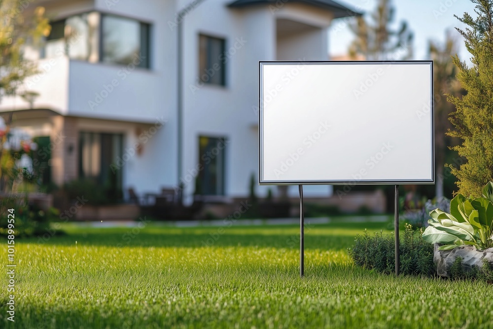 Blank yard sign in green grass on the house background. Yard sign ...