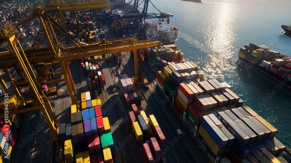 An aerial view of a modern cargo port, with colorful shipping ...