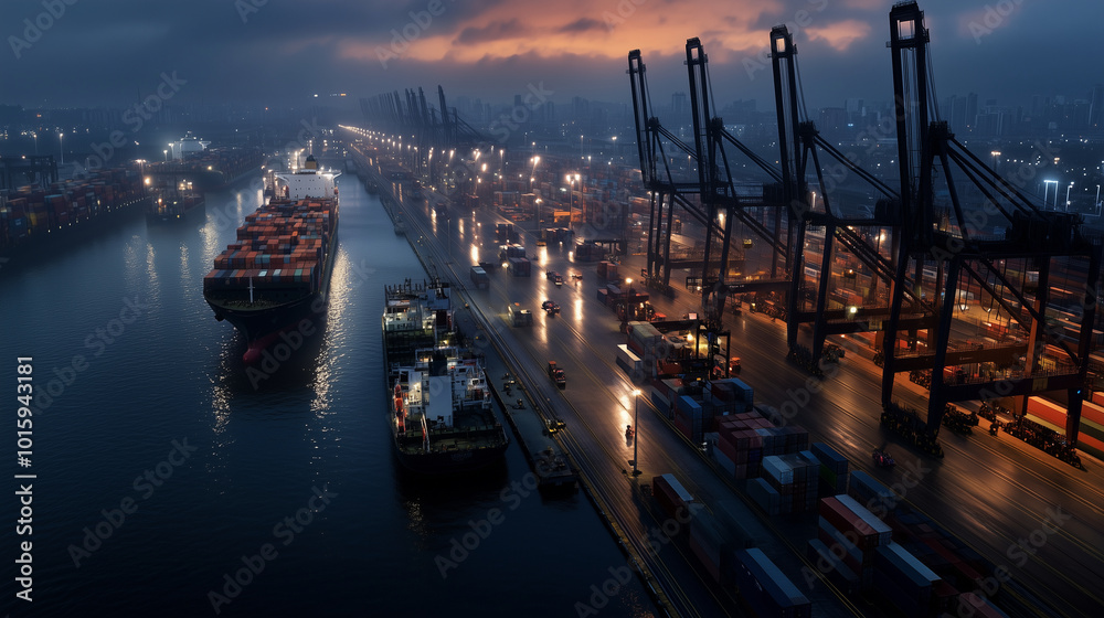 An aerial view of a cargo port at sunrise, with containers being loaded ...