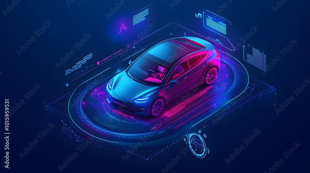 Concept of smart car technology. Car isometric hologram, in HUD style ...