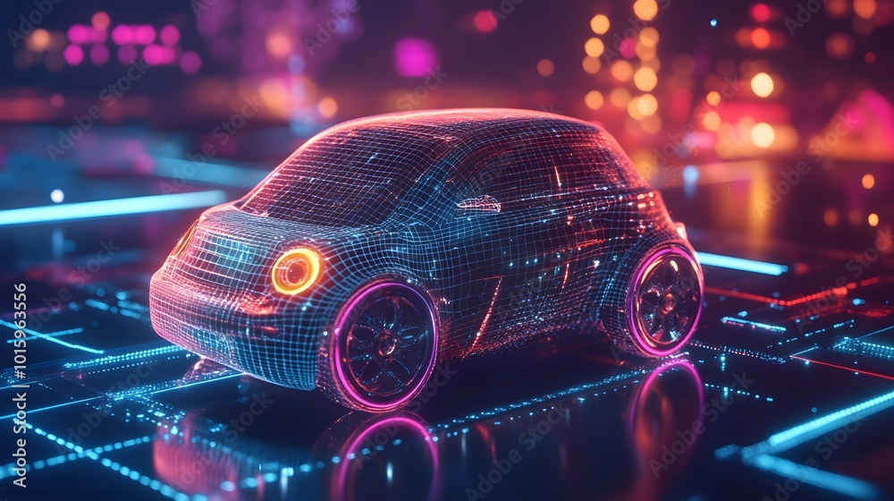 Concept of smart car technology. Car isometric hologram, in HUD style ...