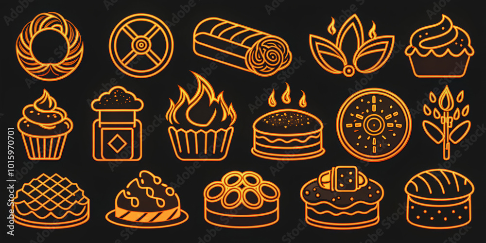 Delight in this vibrant collection of bakery icons featuring cupcakes ...