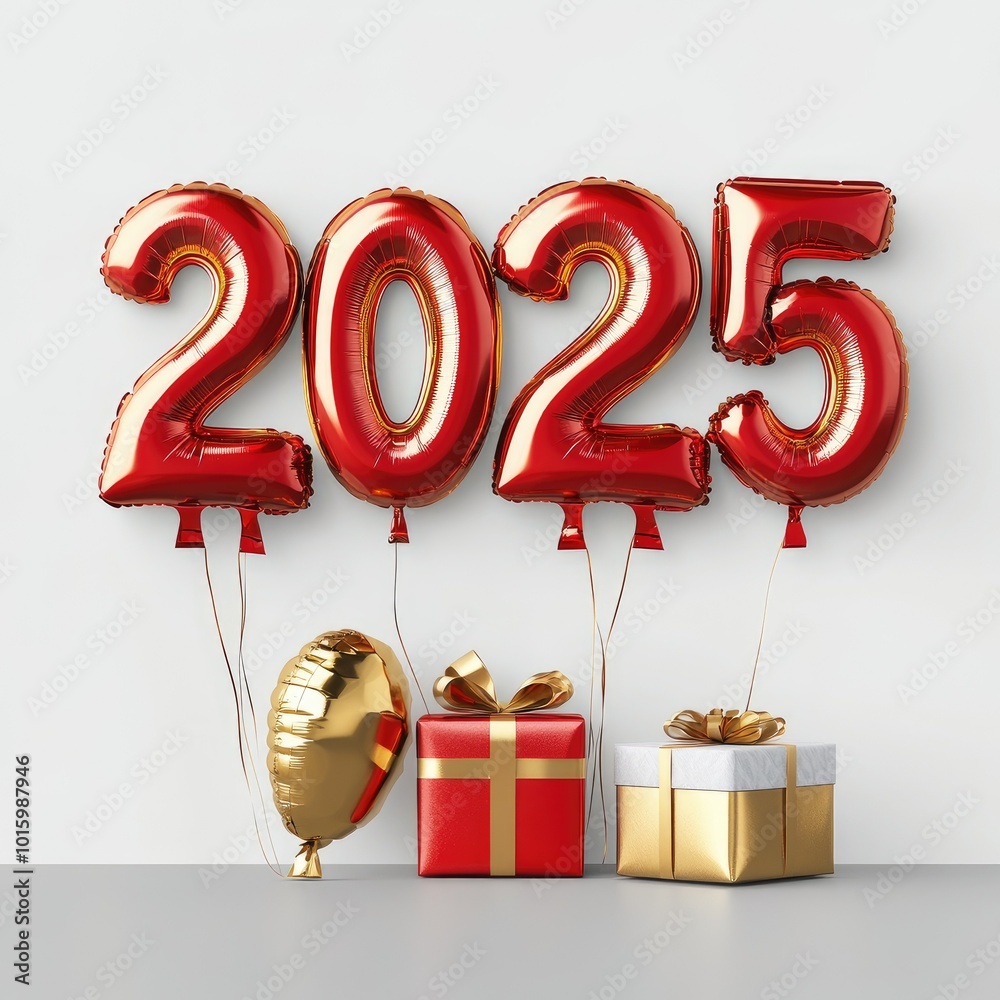 Realistic 3D balloons. Red and gold "2025" letters. Big, clear edges ...
