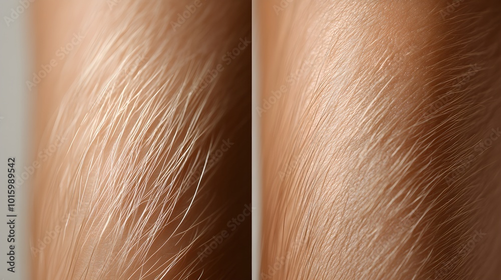 Side-by-side close-up images of leg hair stages, showing the reduction ...