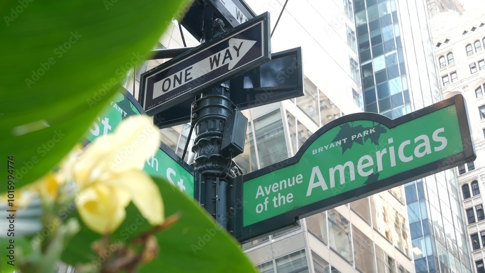 New York City crossroad, street intersection green road sign. 6 Sixth ...