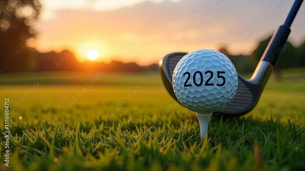 Golf club hitting golf ball with text 2025, sport background, festive ...