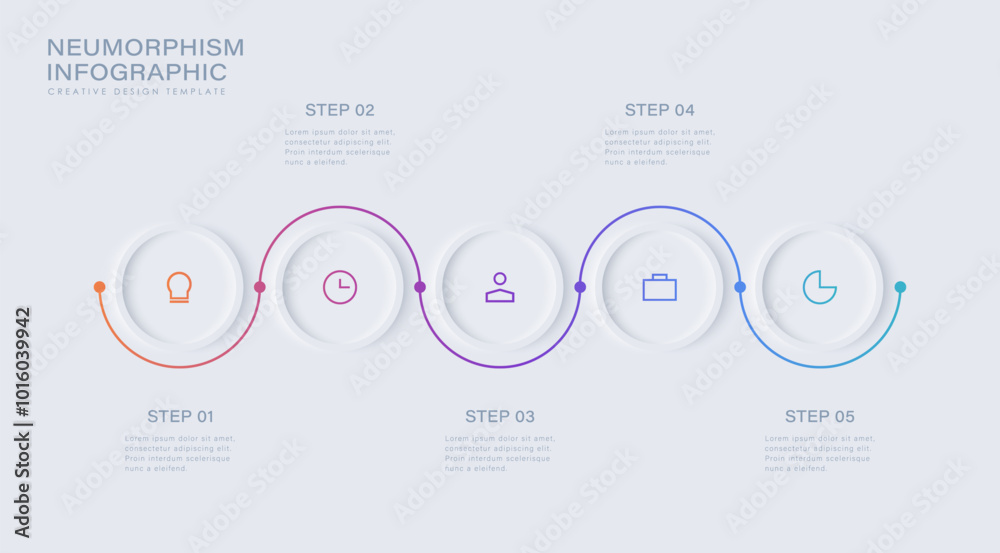Neomorphism design infographic, 5 step timeline illustration. Minimal ...