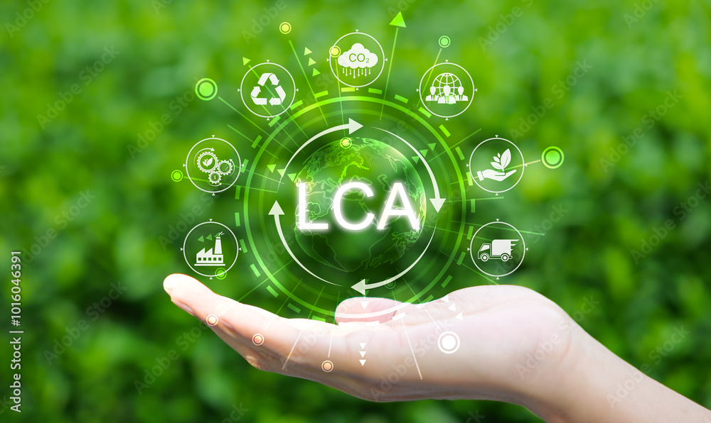 LCA Life cycle assessment concept. A hand holds glowing globe icons ...