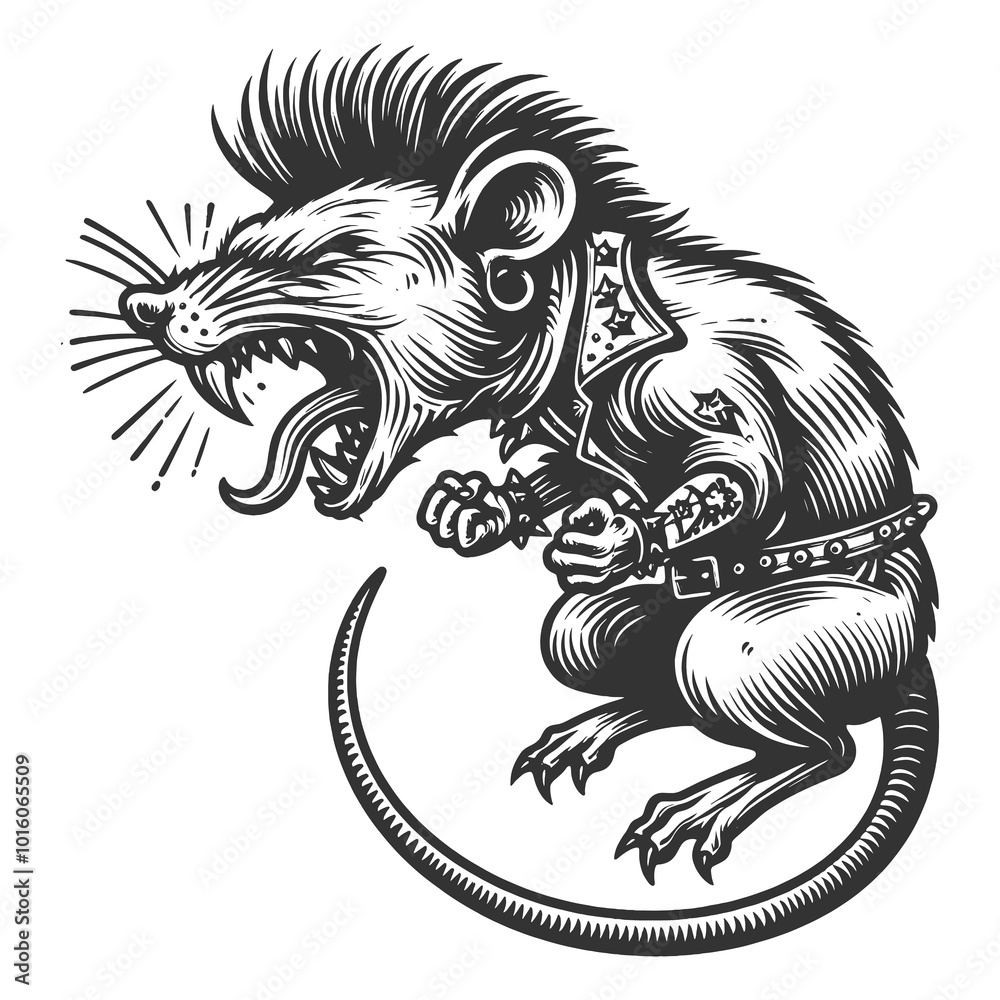 punk rat with a mohawk, piercings, and tattoos, wearing a leather ...