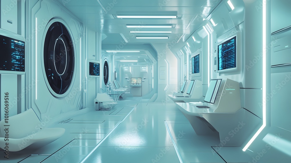 Futuristic Sci-Fi Hallway Interior with Computer and Monitor Screen on ...
