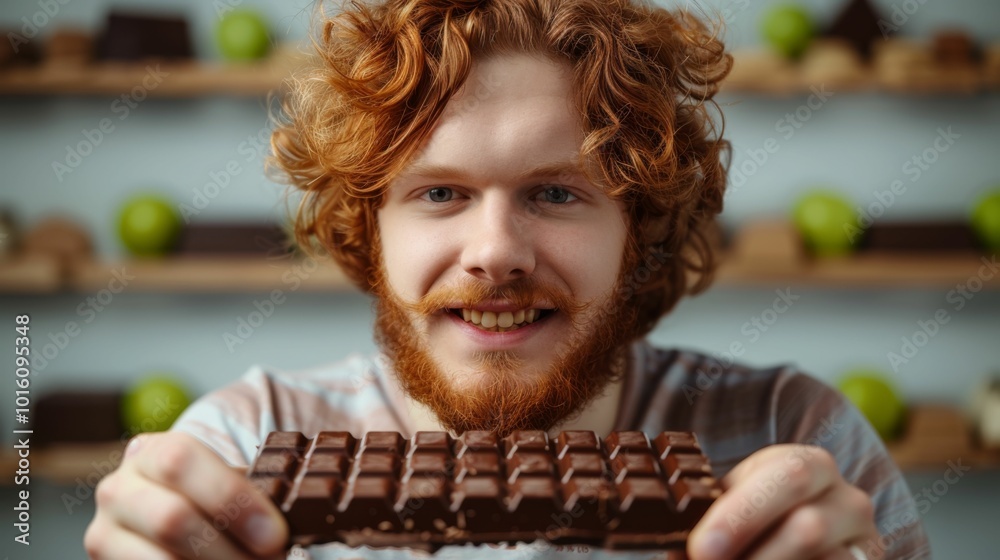 headshot of fat male with ginger hair holding big bar of chocolate in ...
