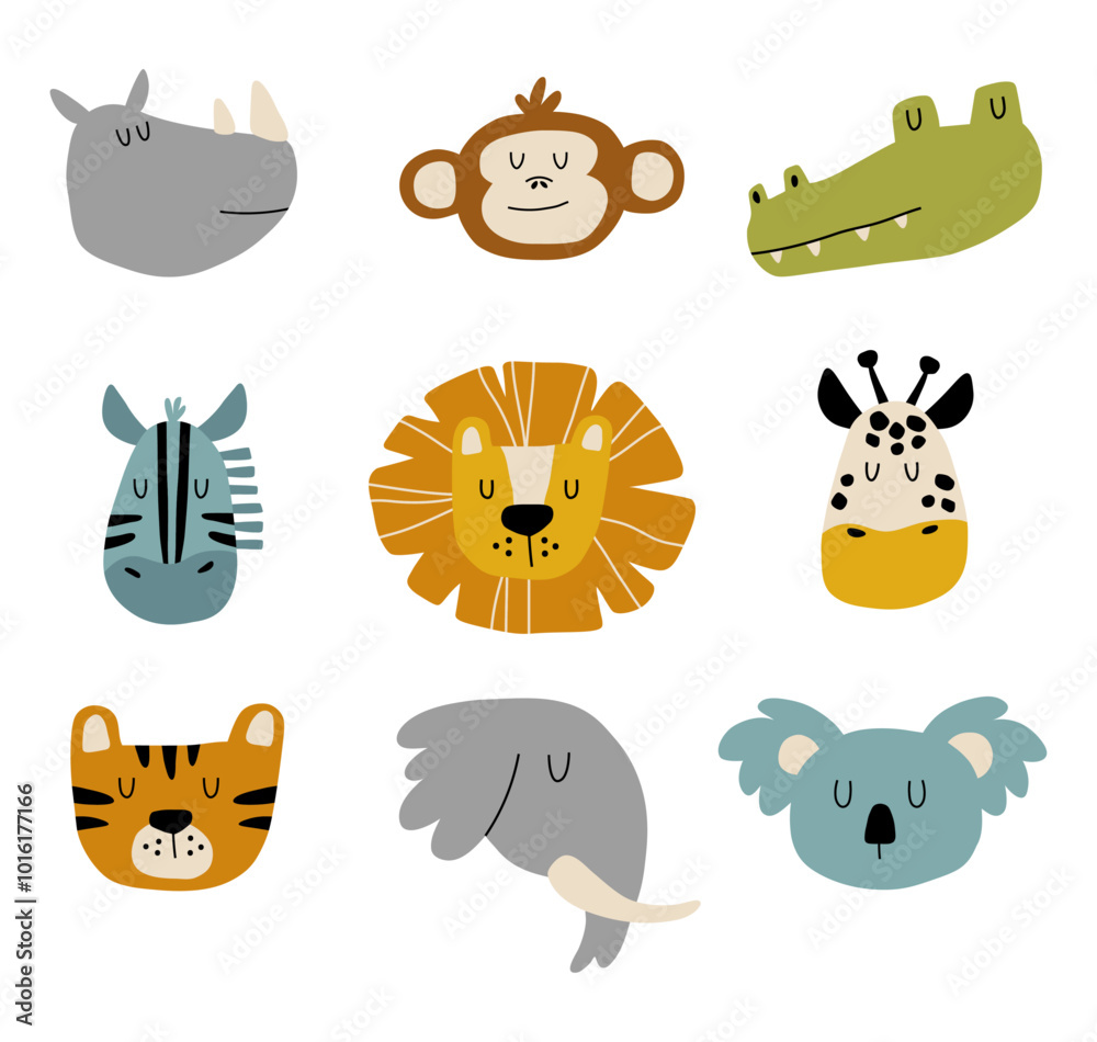 Cute safari animal faces set. Designs for children's clothes, cards ...