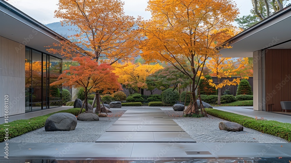 Modern minimalist courtyard landscape with two rows of densely branched ...