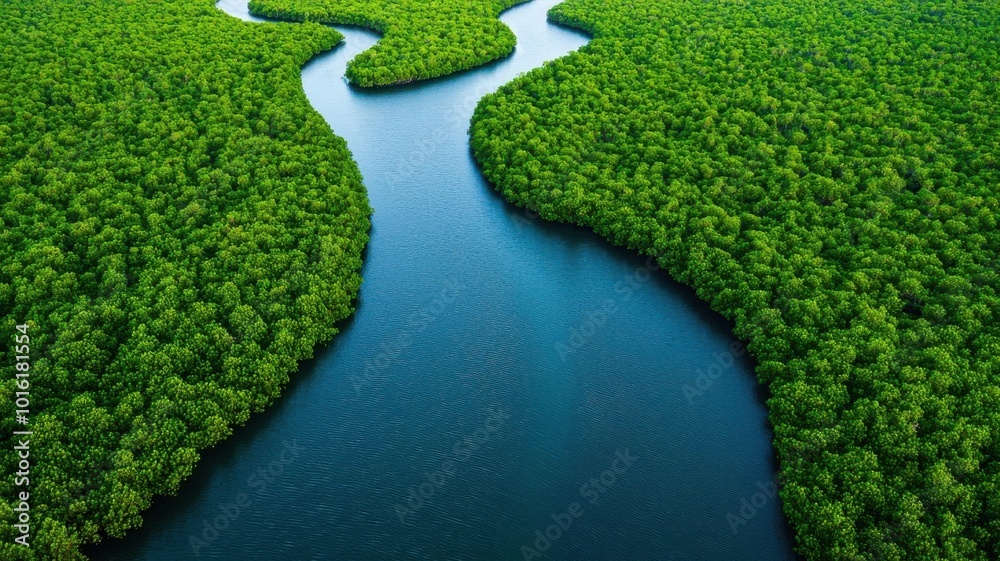 Mangrove forest interlaced with tidal channels creating a maze-like ...