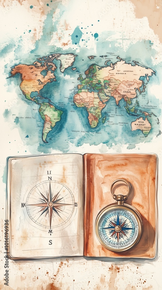 Artistic world map with a compass and open journal showcasing ...
