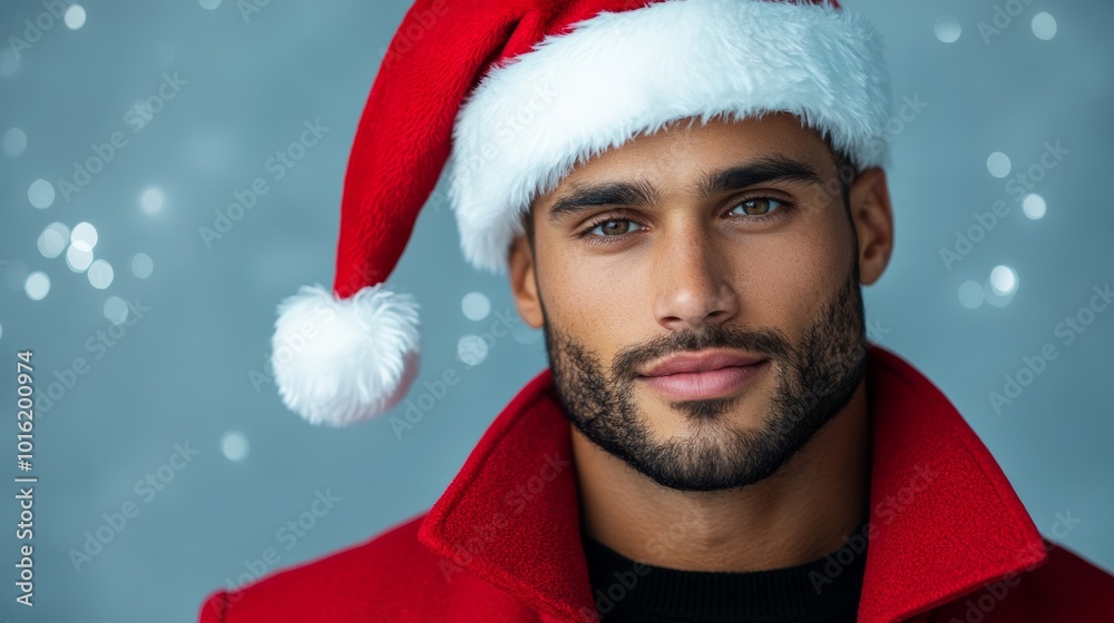 Handsome male fashion model with a sharp jawline wearing a sleek Santa ...