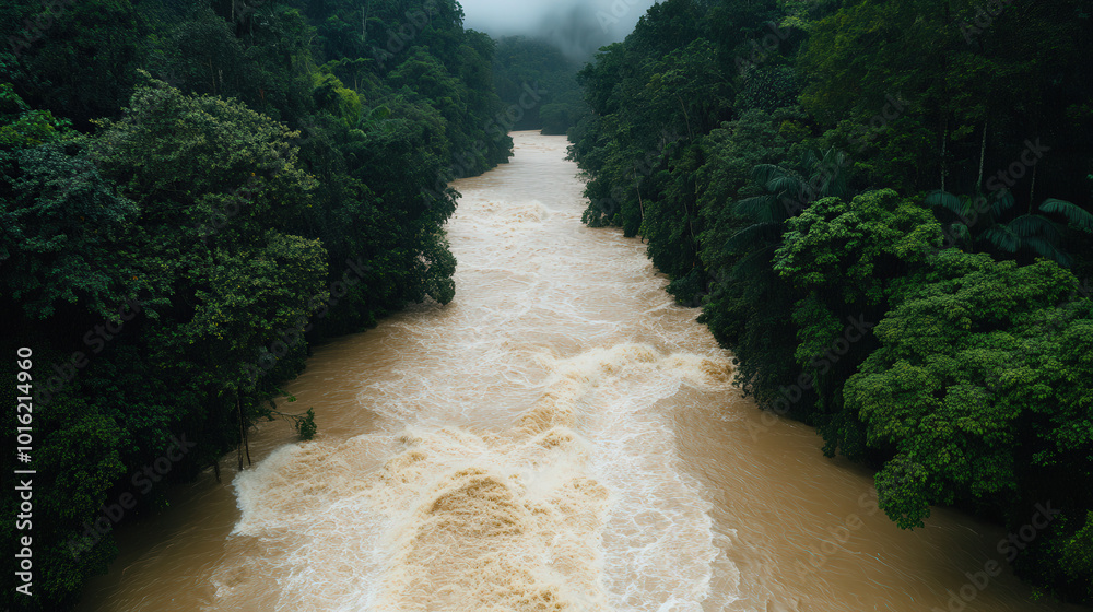 Flash floods rushing through a rainforest, uprooting trees and washing ...