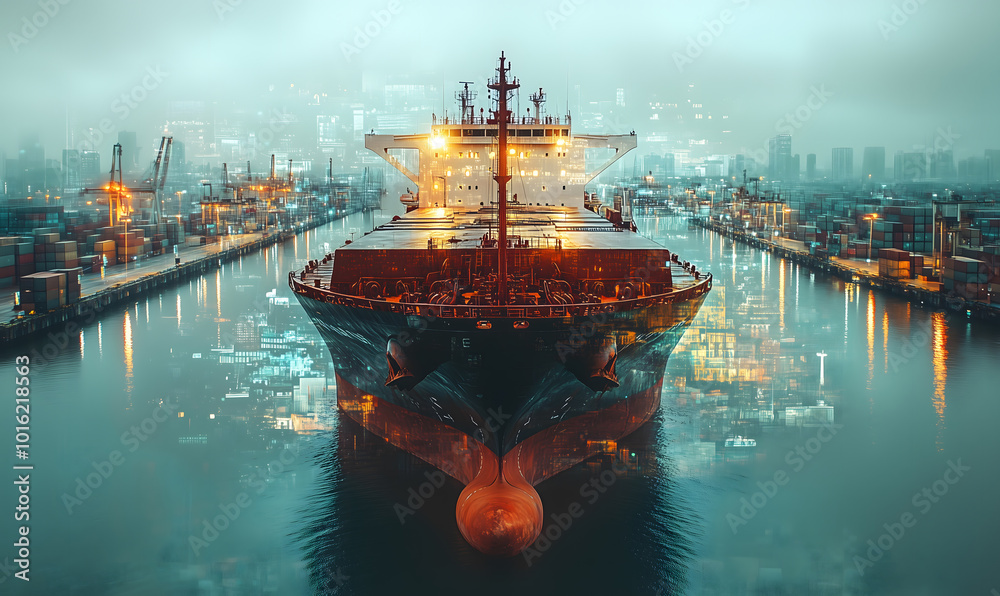 Illustration of sea cargo ship overlay with image of cargo ship in port ...