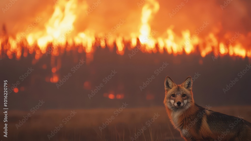 Wildlife fleeing from a burning forest, visualizing the catastrophic ...