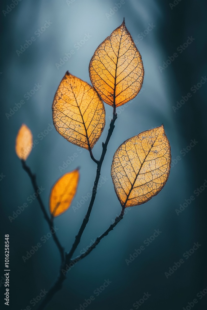 Fotografie Hojas otoñales de color ámbar en una rama delgada ...