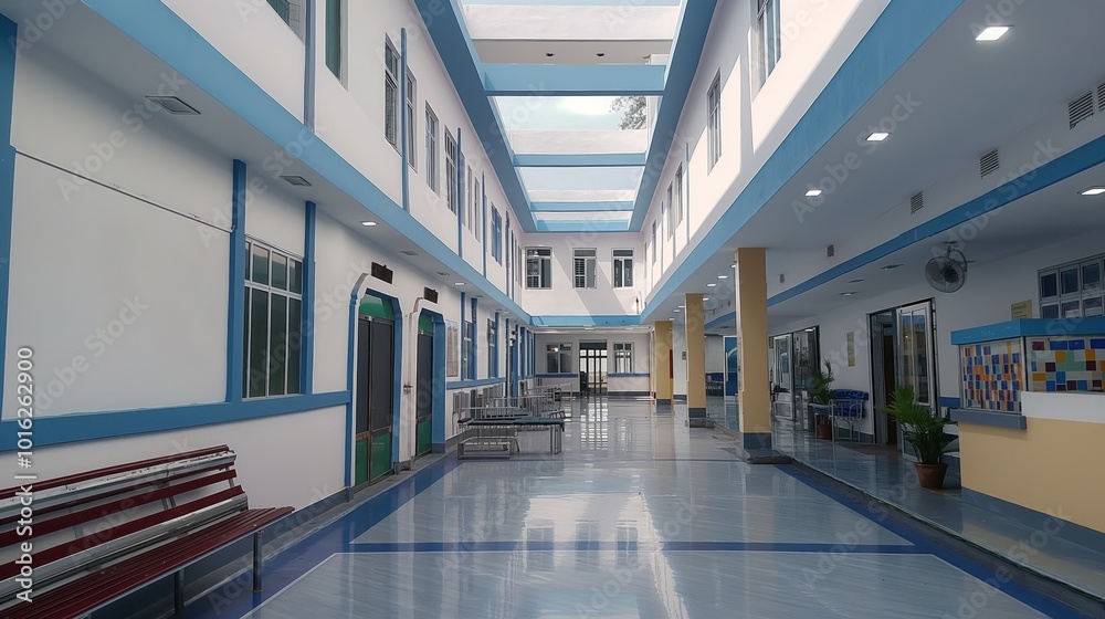 Government hospital building with blue color scheme, high ceiling ...