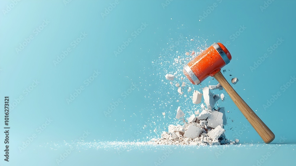 A large powerful hammer forcefully striking down on a small office ...