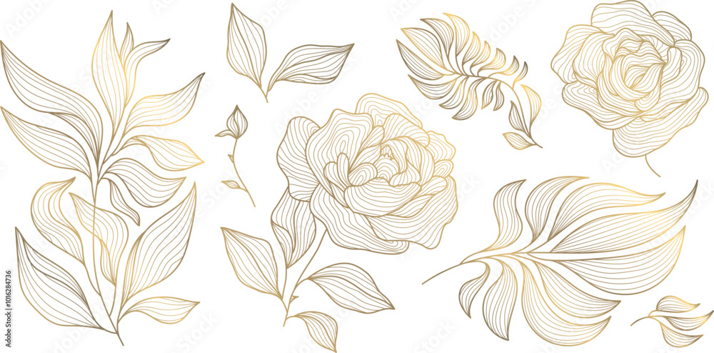 Vector set of art deco drawn leaves and flowers. Roses line ...