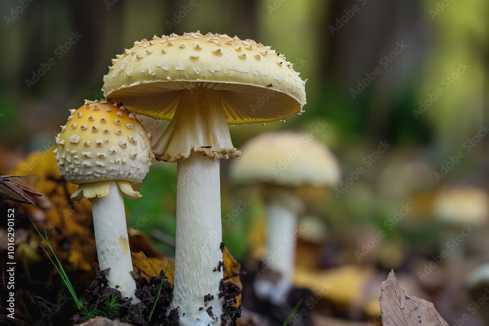 Cluster of three white capped mushrooms with brown spots on brown leaf ...