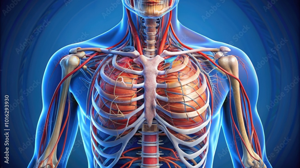 Detailed illustration of the human rib cage, showcasing the thoracic ...