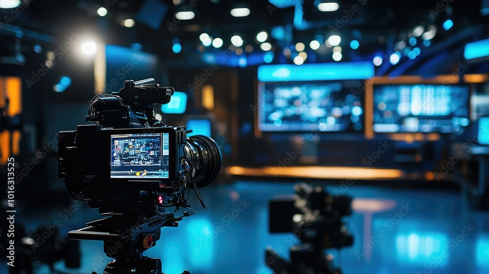 TV studio setup with newscaster and camera crew, broadcasting breaking ...