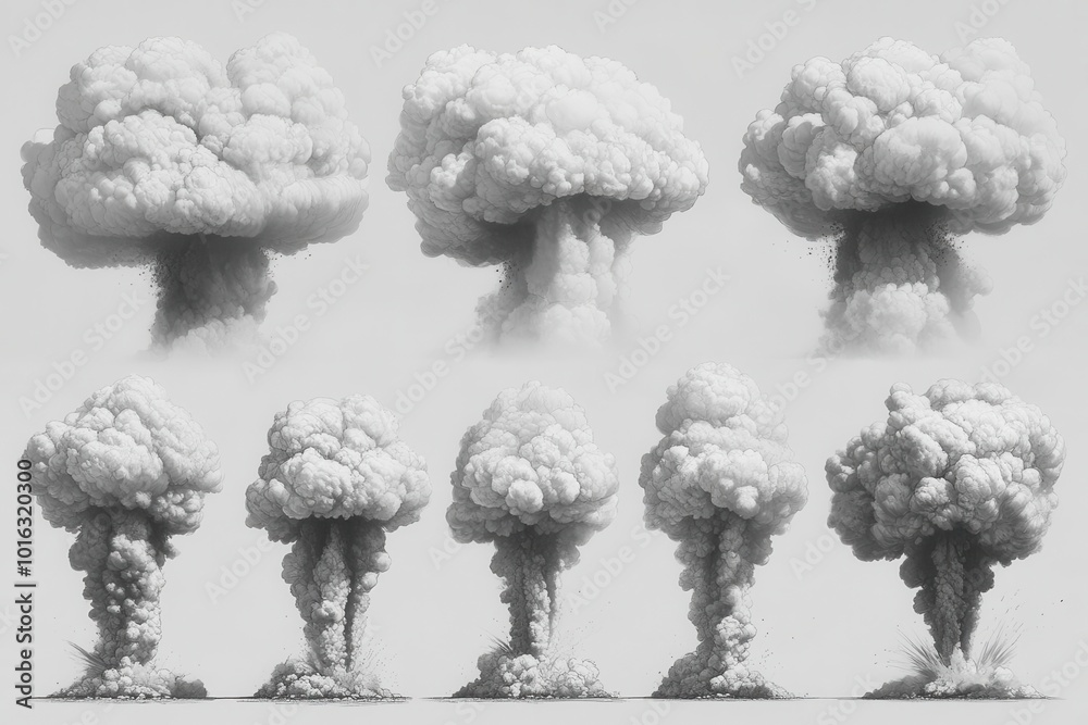 devastating nuclear explosion sequence massive mushroom clouds in various stages from initial ...