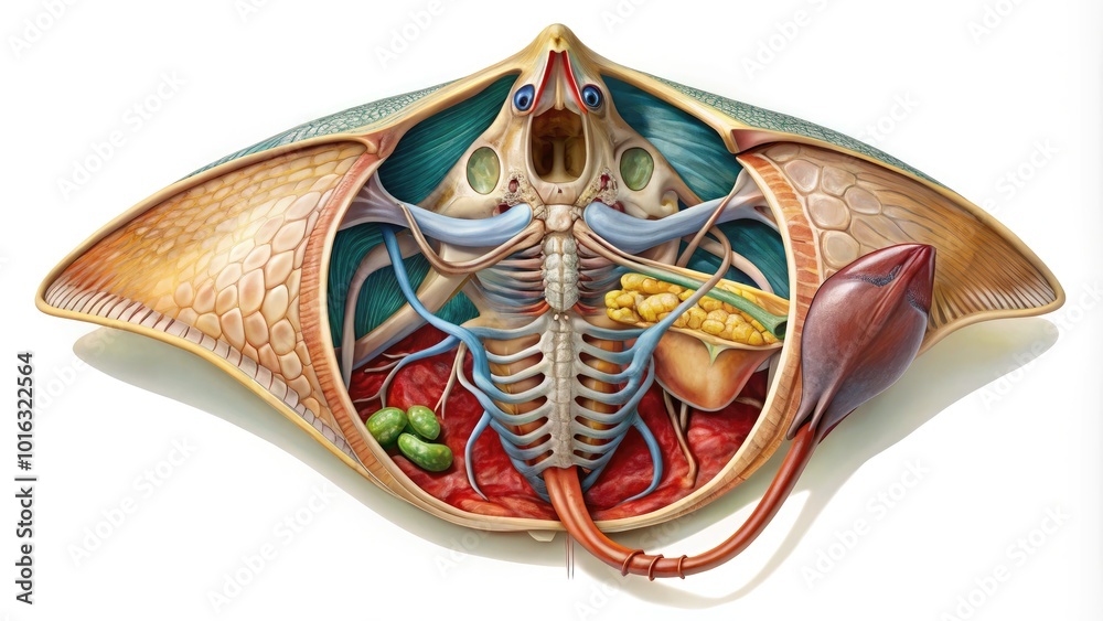 Illustrated dissected stingray showing internal organs, including liver ...