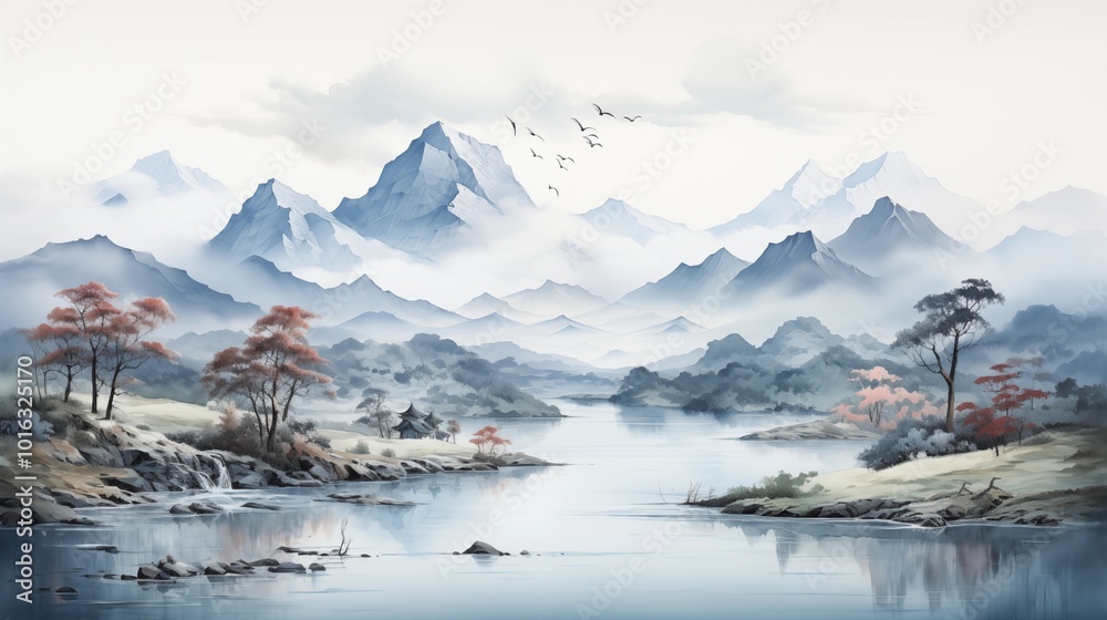 Mountainous setting. Chinese traditional ink drawing technique ...