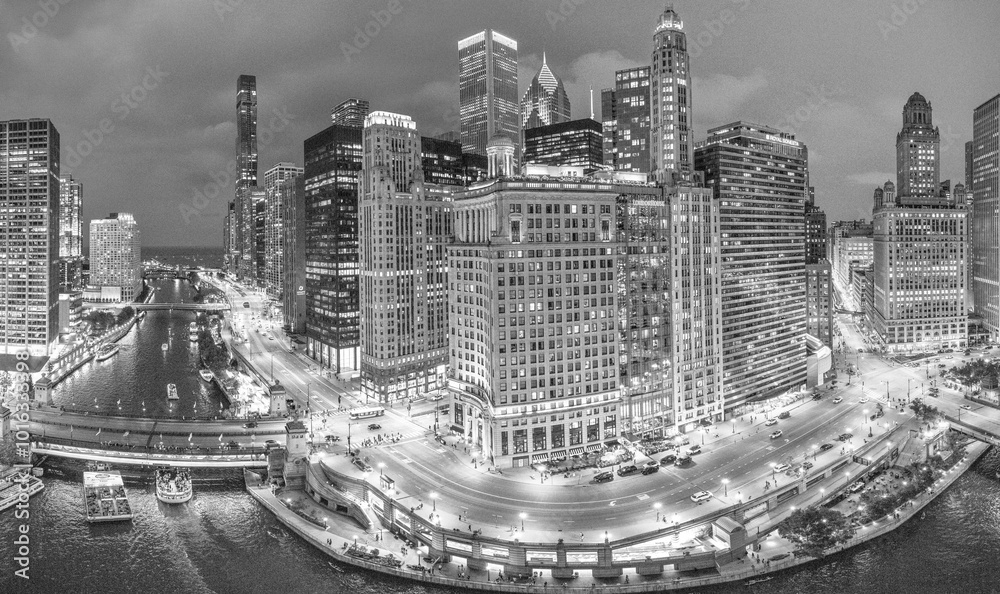 Black and white aerial view of Chicago skyline along Chicago River on a ...