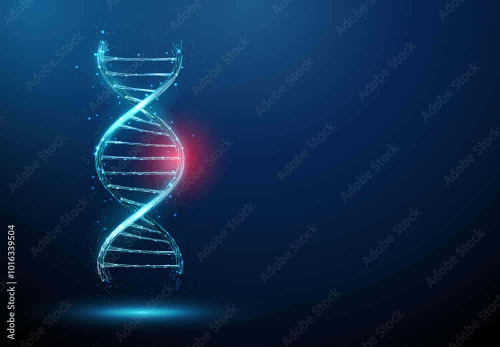 Blue 3d DNA molecule helix with red spot. DNA damage, gene editing ...