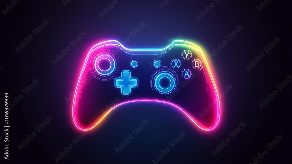A glowing video game controller with blue and pink lights on a dark ...