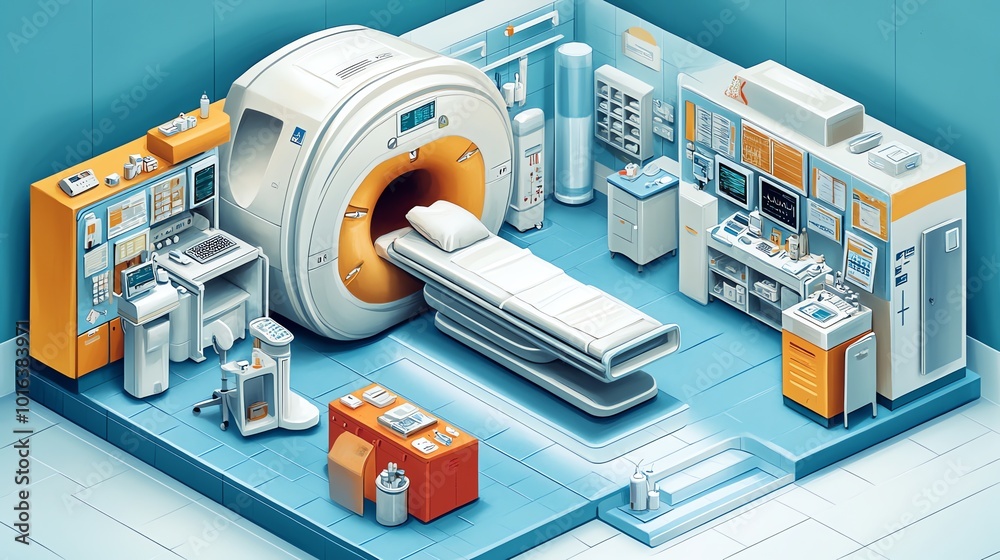 Isometric illustration of a modern MRI room with a scan machine ...