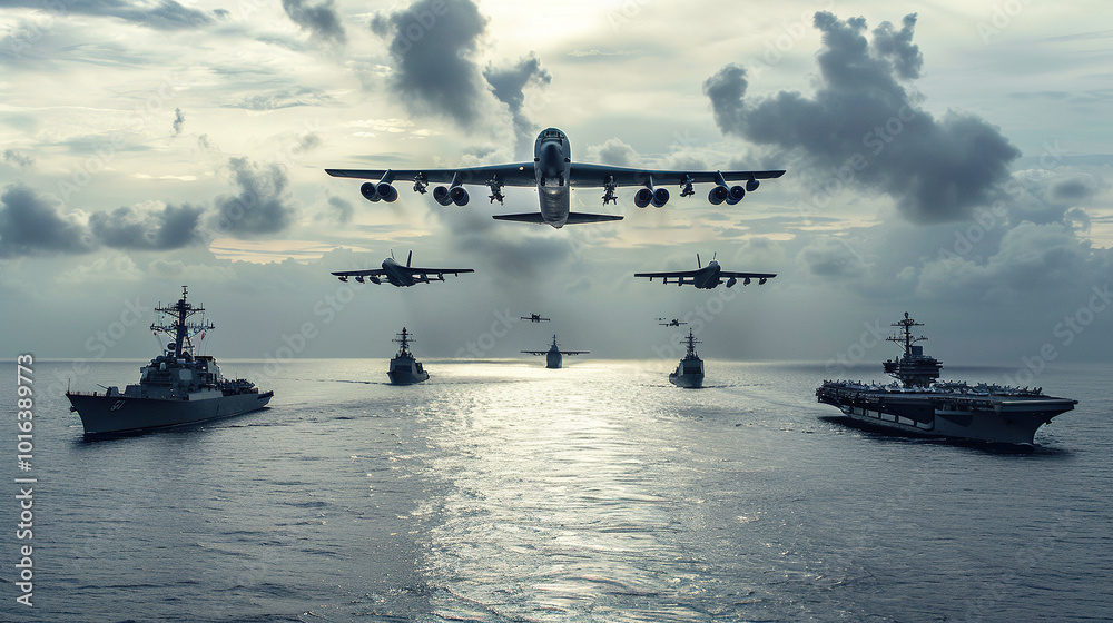 Aerial view of multiple U.S. Navy ships and aircraft in formation, with ...