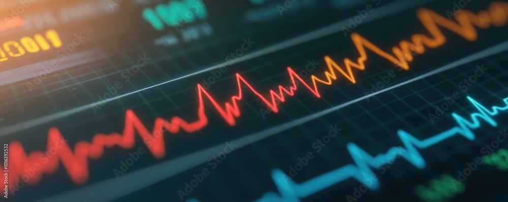 Close up of a heart rate monitor displaying real time cardiac readings ...