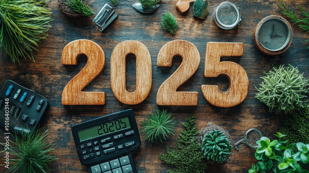 Wooden numbers for 2025 amid greenery and a calculator representing ...