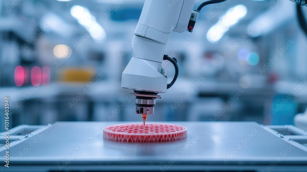 Robotic arm performing precise control scan on a 3D printed object in a high tech industrial ...