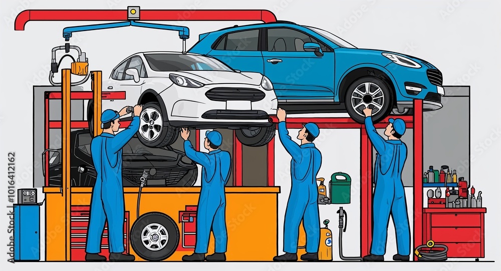 Hand drawing clipart of a car repair shop with mechanics fixing ...