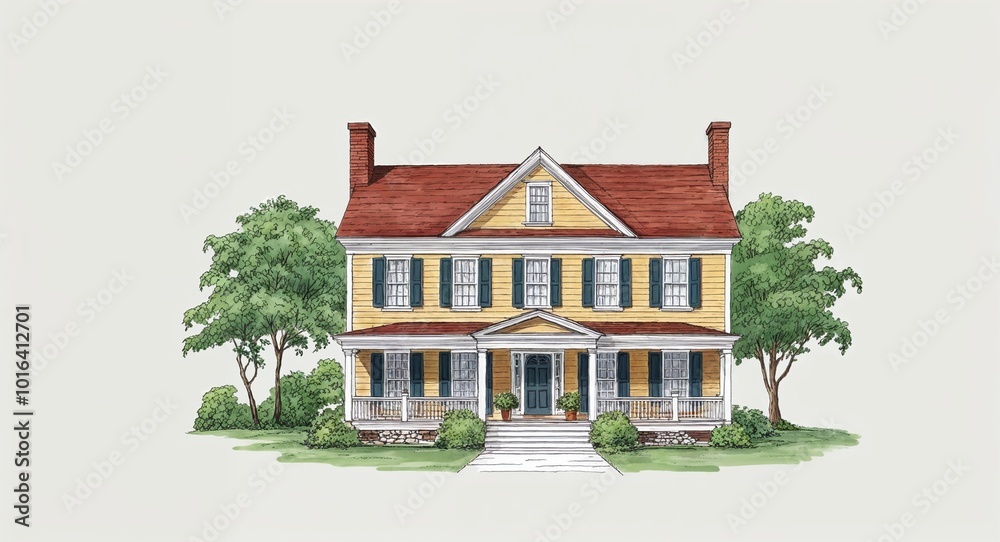 Hand drawing clipart of a colonial style house on plain white ...