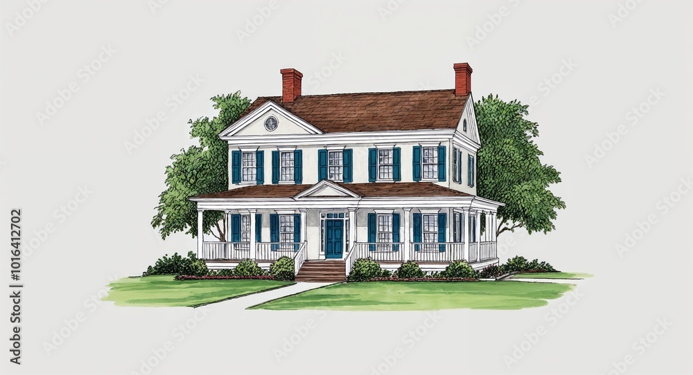 Hand drawing clipart of a colonial style house on plain white ...