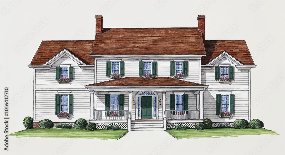Hand drawing clipart of a colonial style house on plain white ...