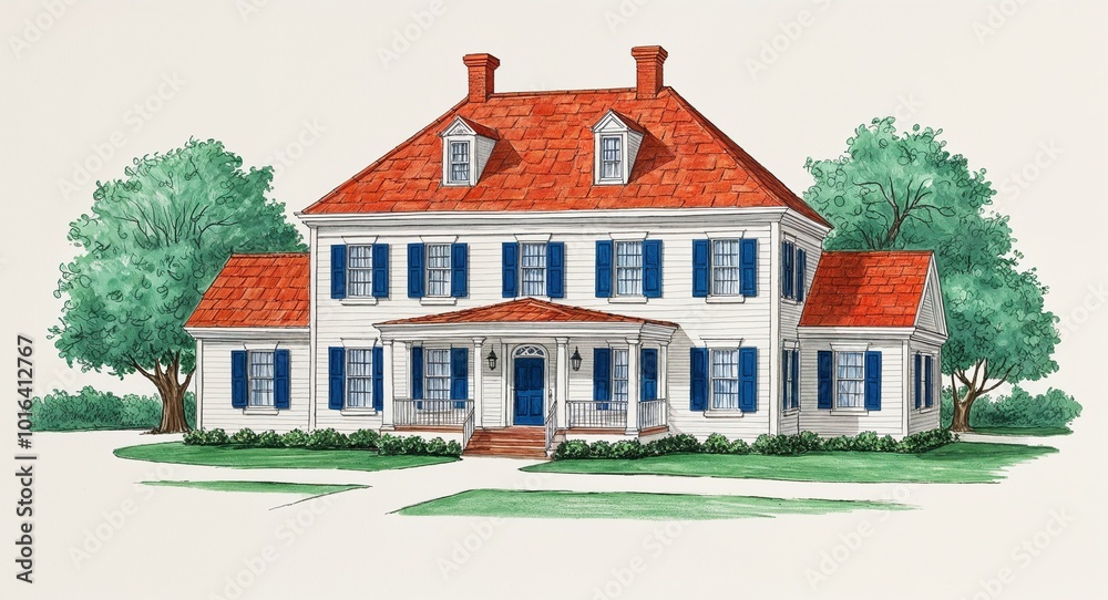 Hand drawing clipart of a colonial style house on plain white ...