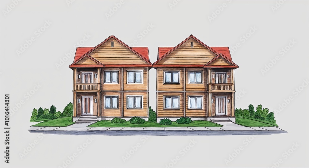 Hand drawing clipart of a duplex house on plain white background Stock ...